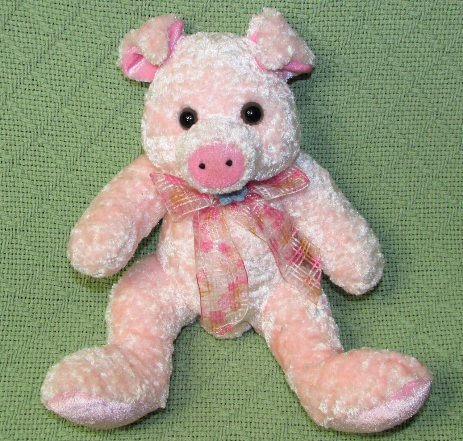 WALMART PINK PIG PLUSH 7" STUFFED ANIMAL SITTING TOY BLUE FLOWER RIBBON ...