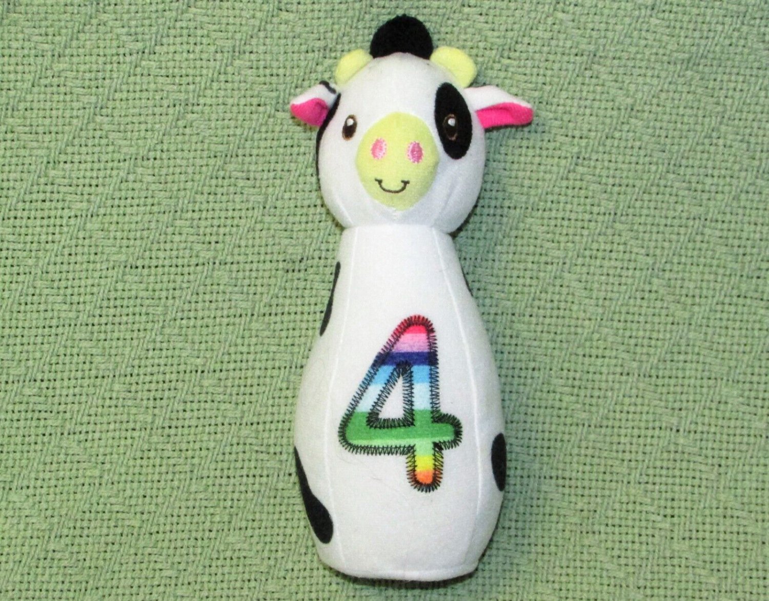 EARLY YEARS PLUSH WHITE COW BOWLING PIN RATTLE NUMBER RAINBOW 4 STUFFED ...