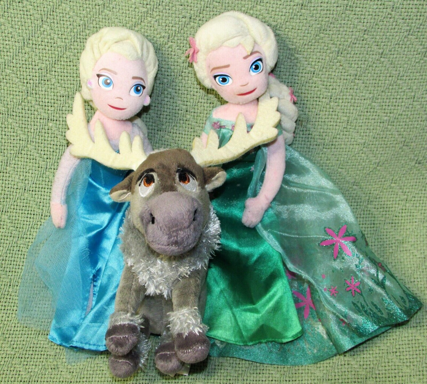 DISNEY FROZEN PLUSH LOT PRINCESS ELSA BLUE & GREEN DRESS SVEN TY ...
