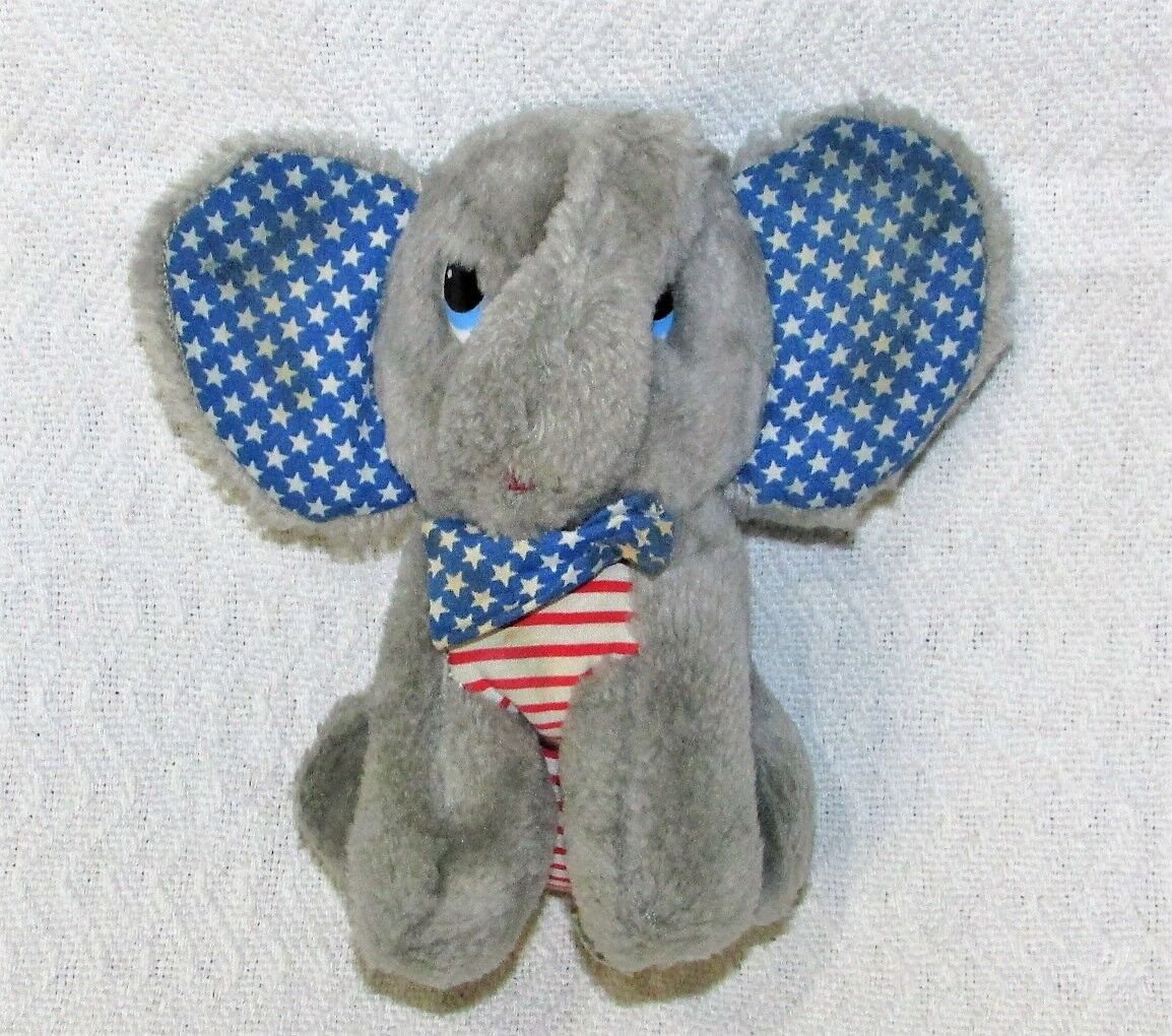 1983 DAKIN AMERICAN ELEPHANT VINTAGE STARS STRIPES Grey Plush Stuffed ...