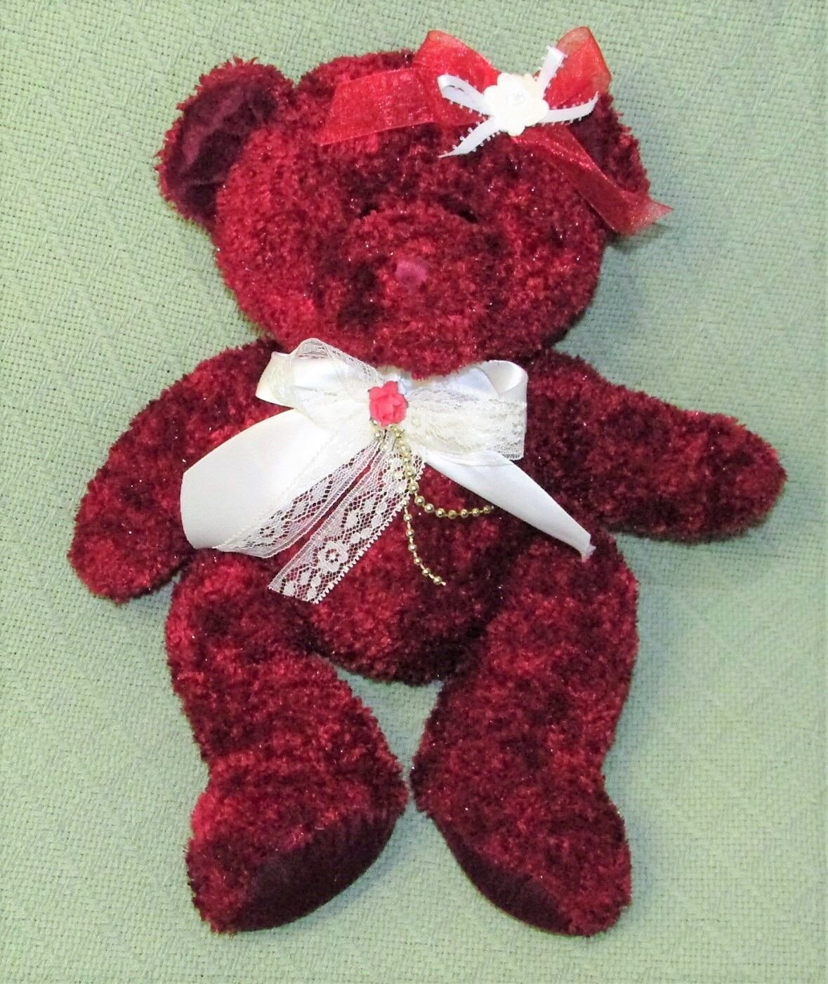 RUSS ROSETTA TEDDY BEAR PLUSH GIRL 13" RED SPARKLE GLITTER w/RIBBONS ...
