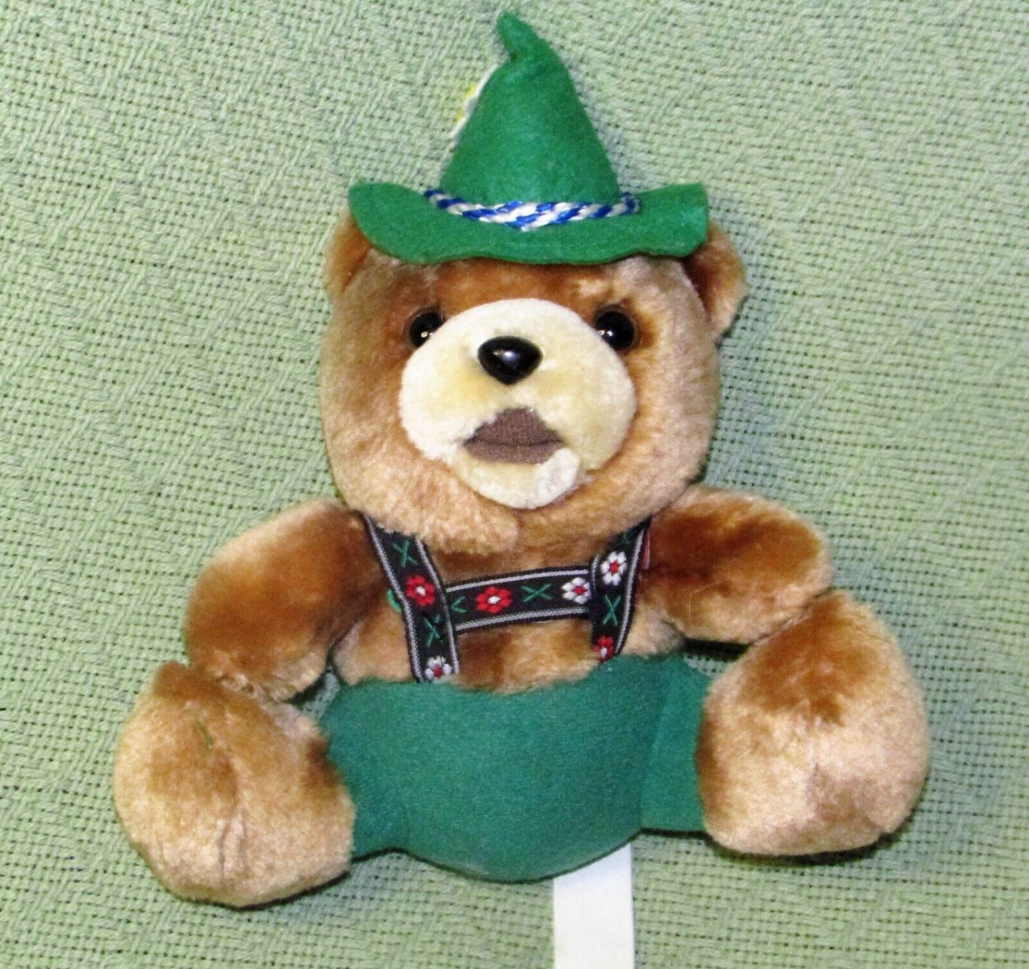 VINTAGE GERMAN TEDDY BEAR 8" PLUSH TAN WITH GREEN LEDERHOSEN STUFFED ...