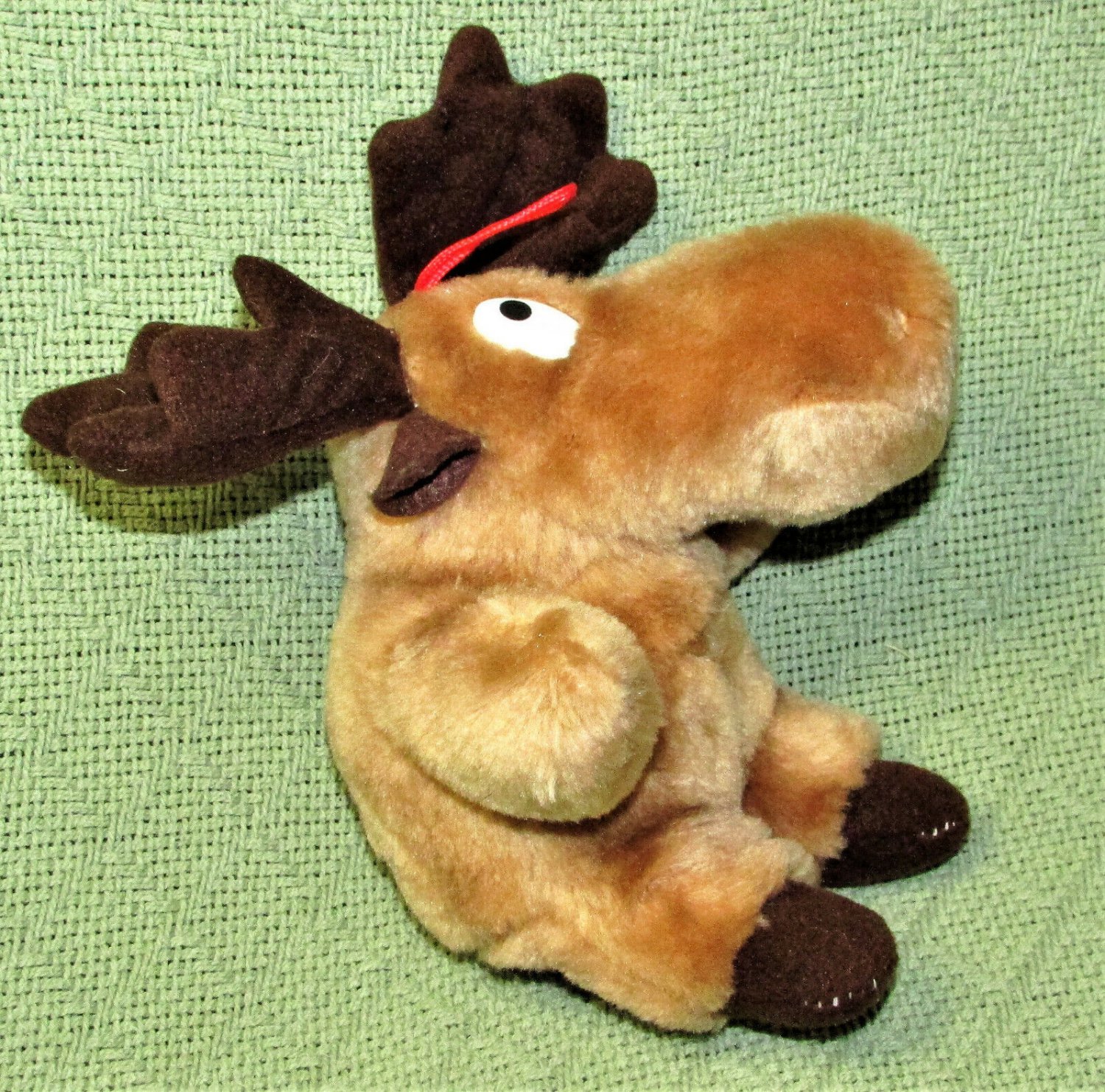 7" VINTAGE PLUSH MOOSE w/ RED HANGER STUFFED ANIMAL TAN BROWN TOY ...