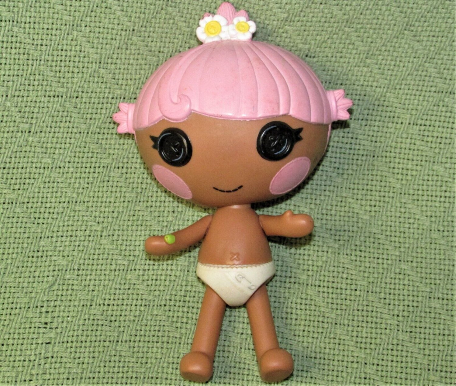 LALALOOPSY BABY DOLL PINK HAIR GIRL WHITE DIAPER FLOWER BUTTON BOWS TOY