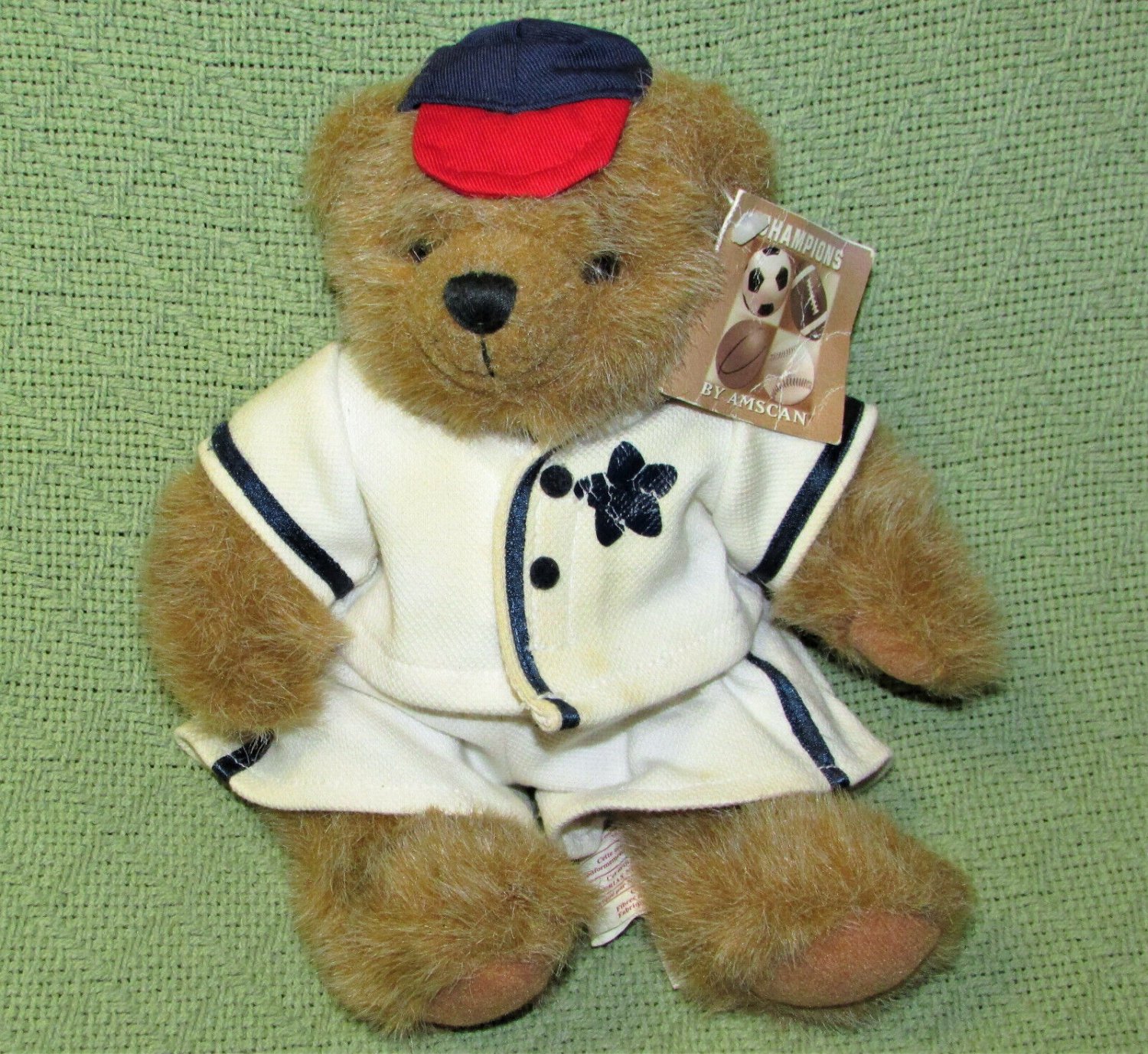 VINTAGE CHAMPIONS BASEBALL TEDDY BEAR AMSCAN WITH HANG TAG 8" TAN WITH ...