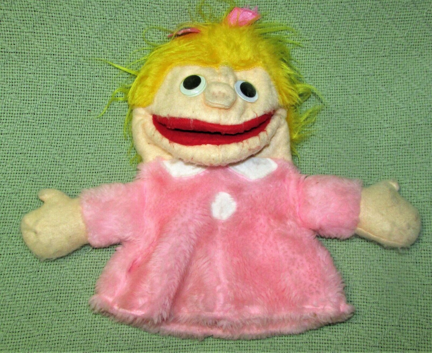 BIG MOUTH HAND PUPPET GIRL PLUSH PINK DRESS YELLOW HAIR HANDMADE ? 11 ...