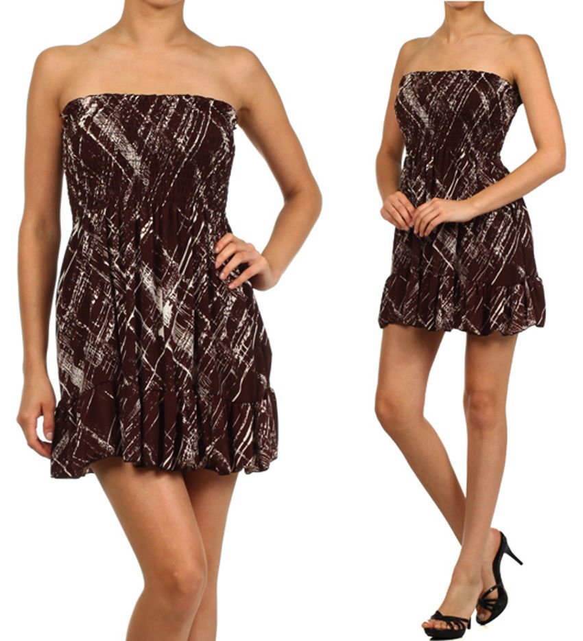 Brown Strapless Smock Print Dress w/ Ruffle Hem