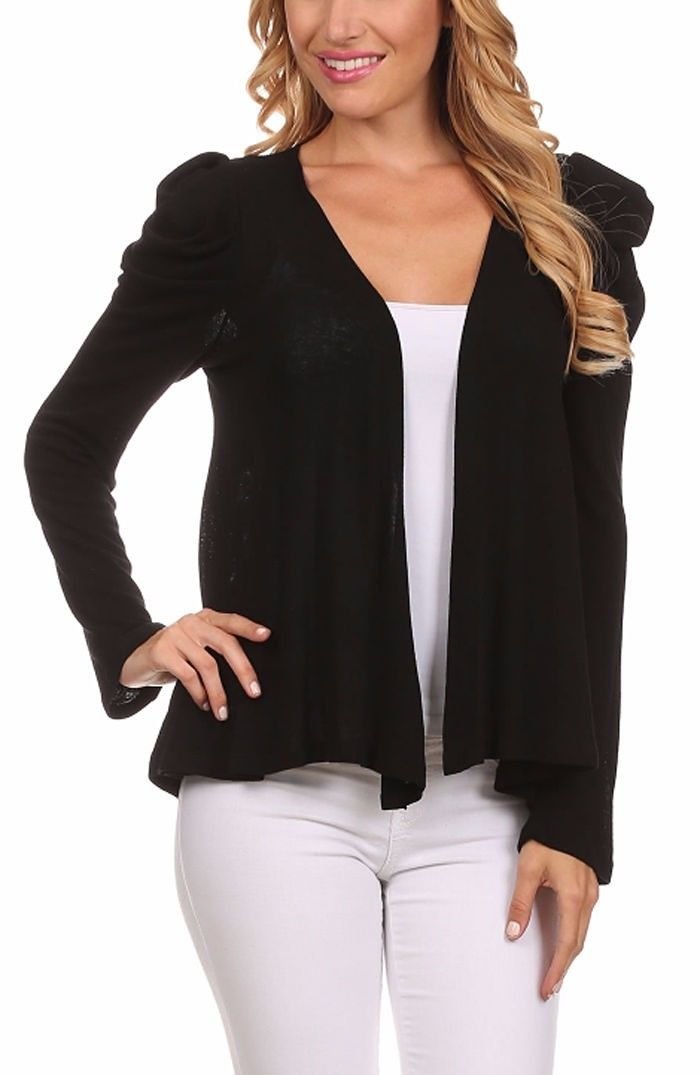 Black Fly Away Open Cardigan Thin Drape Knit Sweater with Puffy Shoulders
