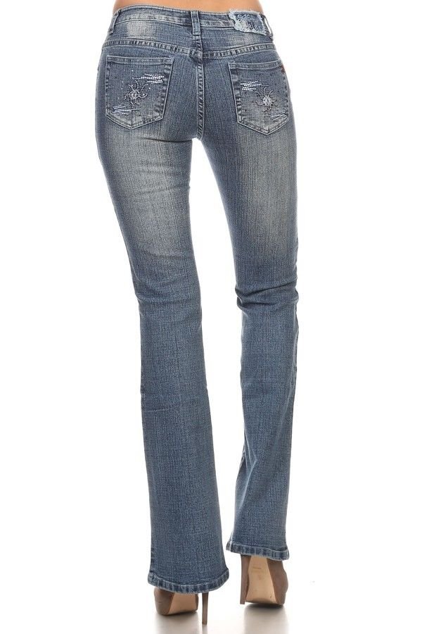 Embroidered Rhinestone Embellished Two-Tone Wash Denim Bootcut Jeans