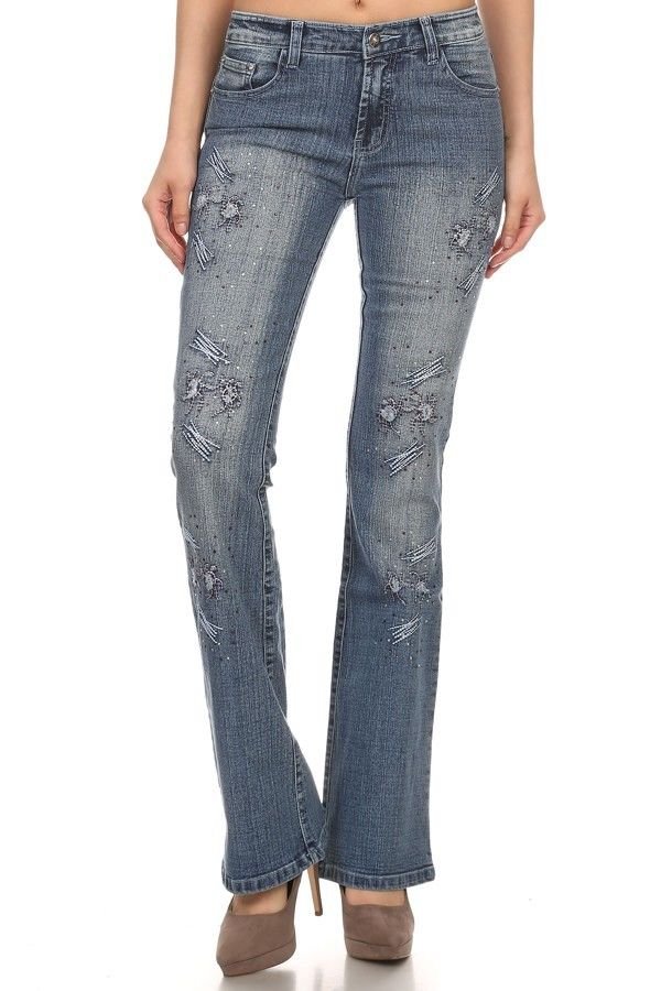 Embroidered Rhinestone Embellished Two-Tone Wash Denim Bootcut Jeans