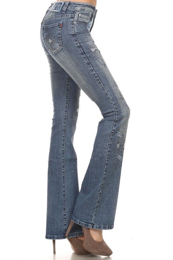 Embroidered Rhinestone Embellished Two-Tone Wash Denim Bootcut Jeans