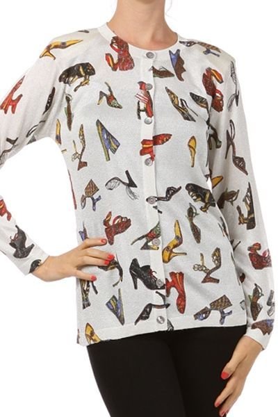 XXIST by Belldini Button Up Shimmery Blouse Silver Shoe Design Cardigan