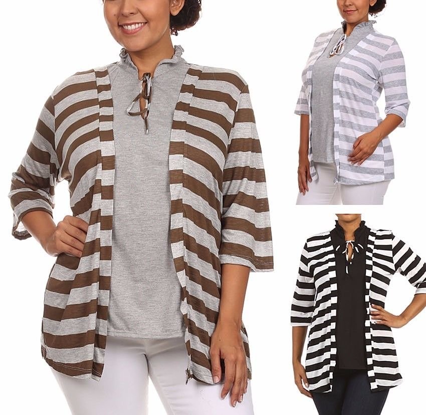 3/4 Sleeve Striped Drape Tunic Top w/ Tie Neck