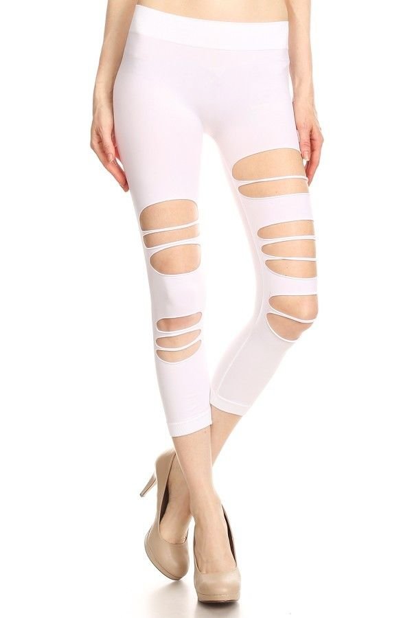 Solid Knit Cropped Distressed Ripped Leggings