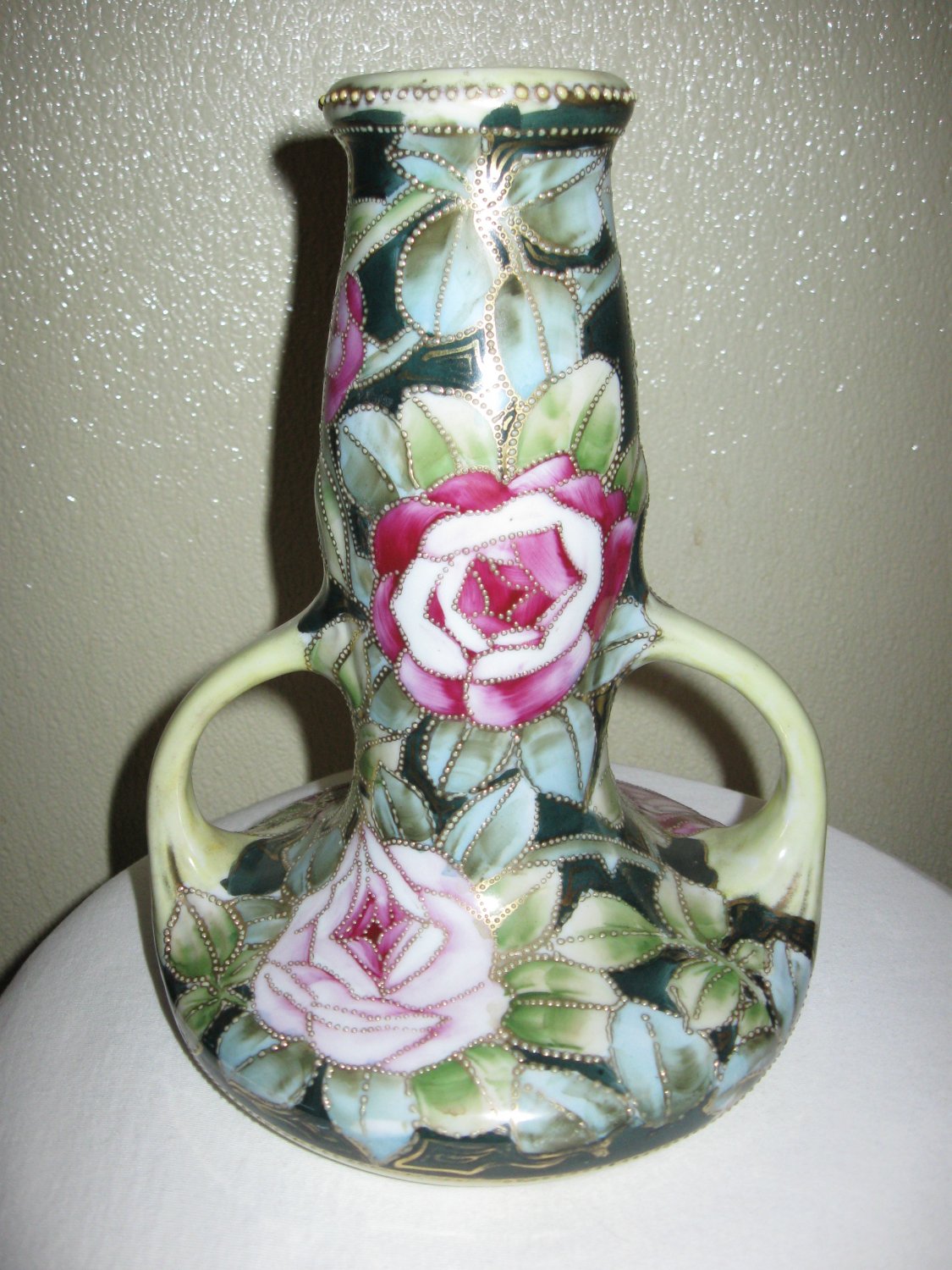 Antique double handled Nippon vase, heavily dotted, maple leaf mark Antique double handled Nippon vase, heavily dotted, maple leaf mark