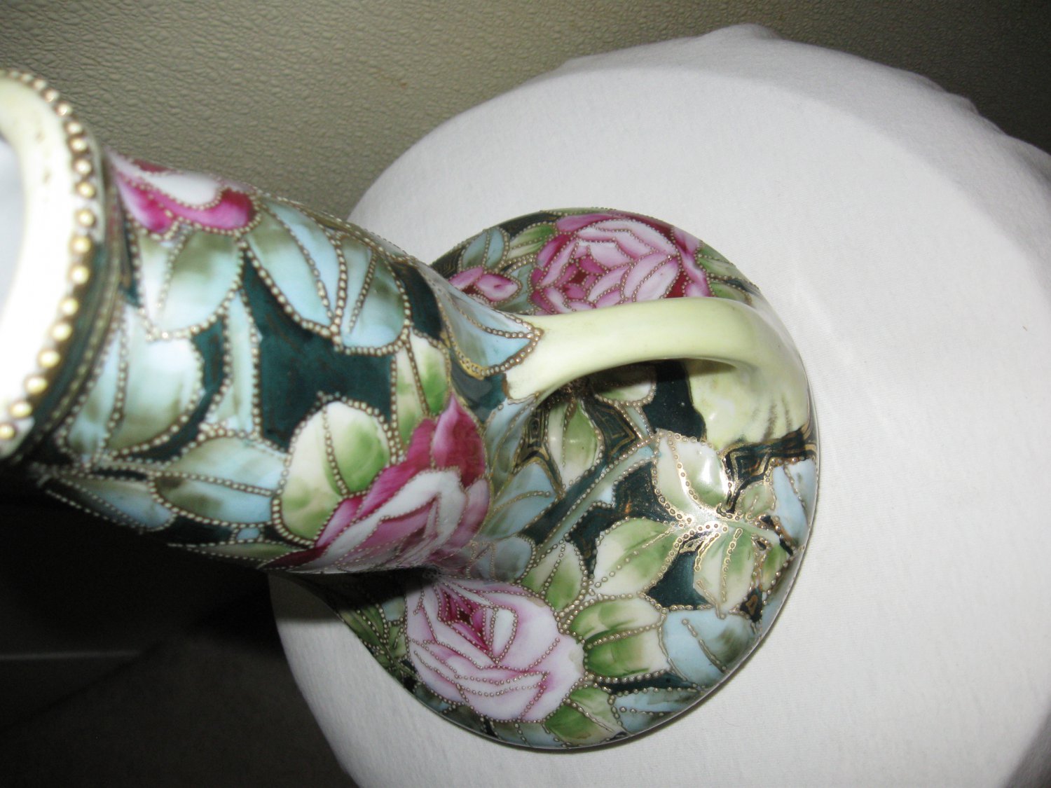 Antique double handled Nippon vase, heavily dotted, maple leaf mark Antique double handled Nippon vase, heavily dotted, maple leaf mark