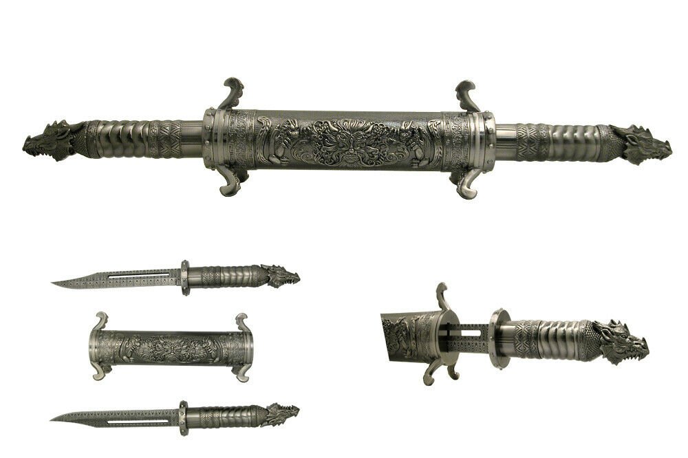 Metallic Twin Dragon Scroll Daggers Damascus Laser Etched Bladed