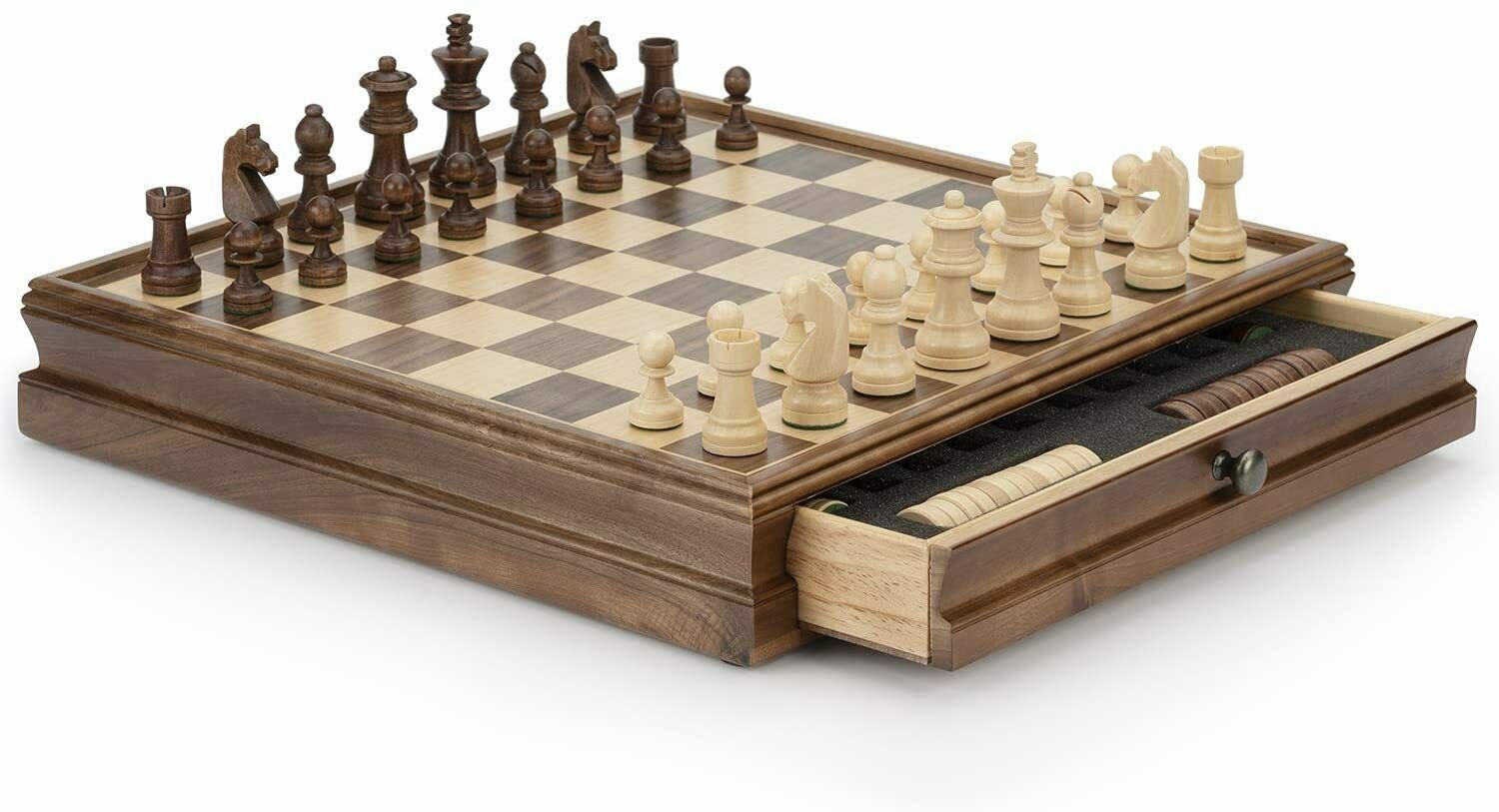 15" Wooden Chess Set w/Storage Drawer w/3" King Height German Knight ...