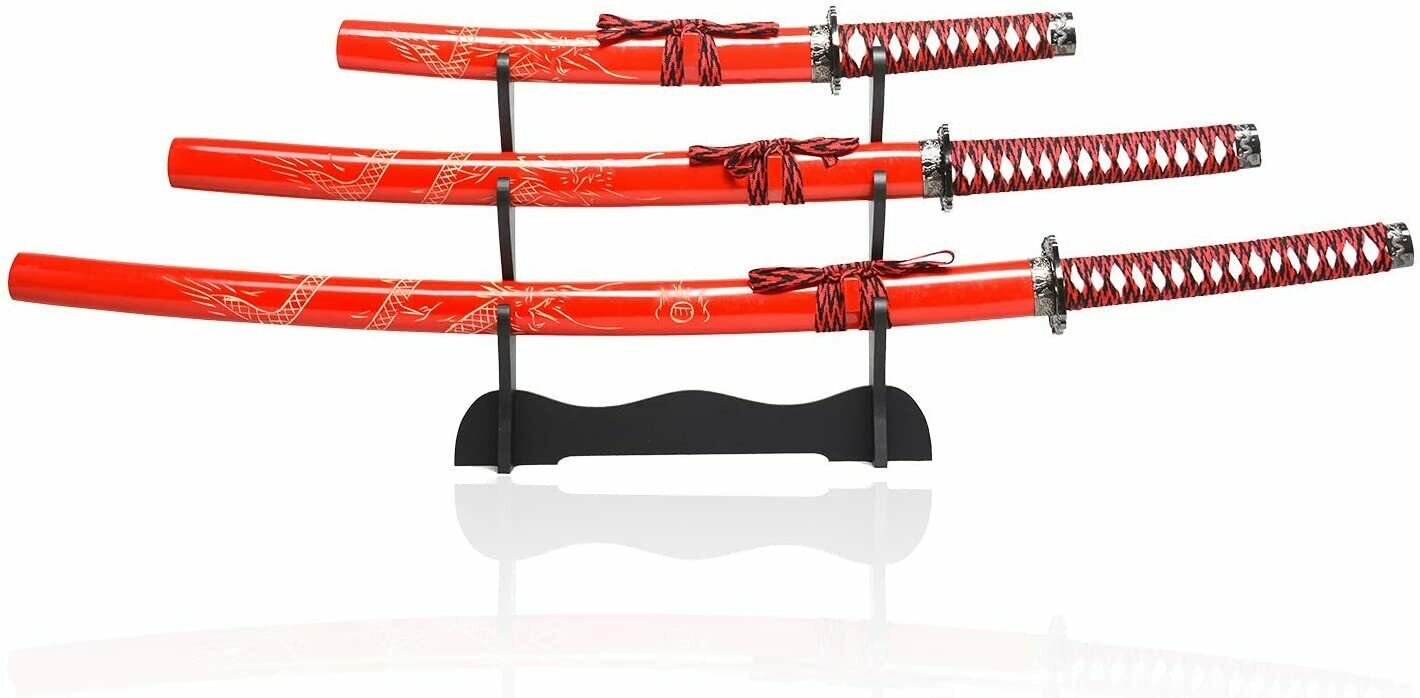 3 Pcs Katana Red Sword Set Red Scabbard Square Guard w/Stand SengoMuramasa