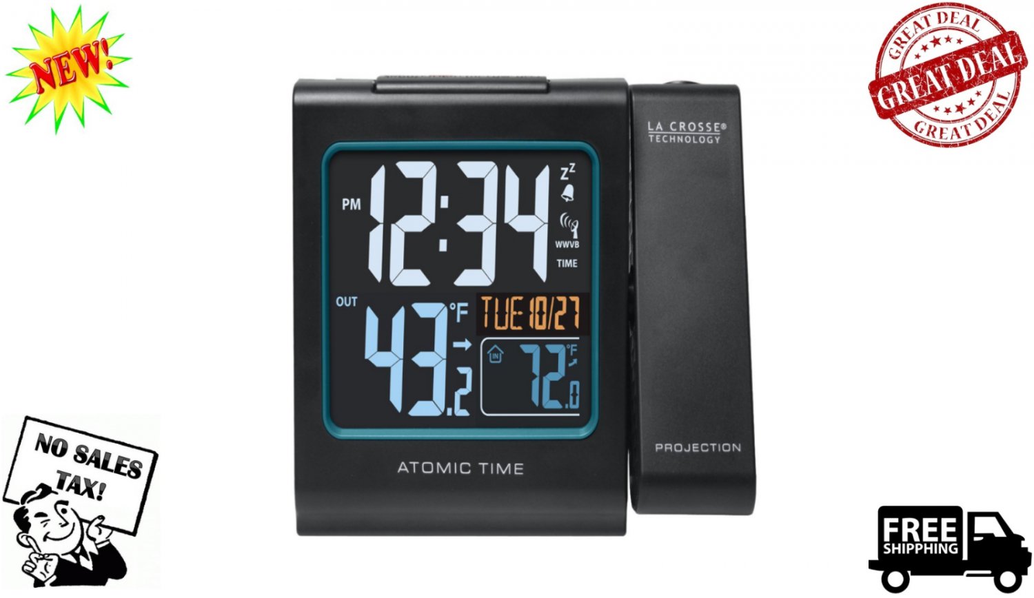 Atomic Projection Alarm Ceiling Digital Wall Display Clock USB Weather ...