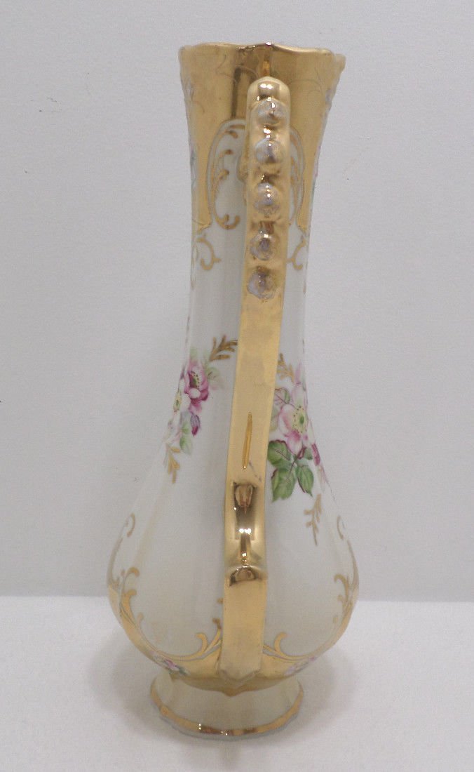 Royal Crown Pitcher Ewer Porcelain Hand Painted Pink Floral Gold Gilt