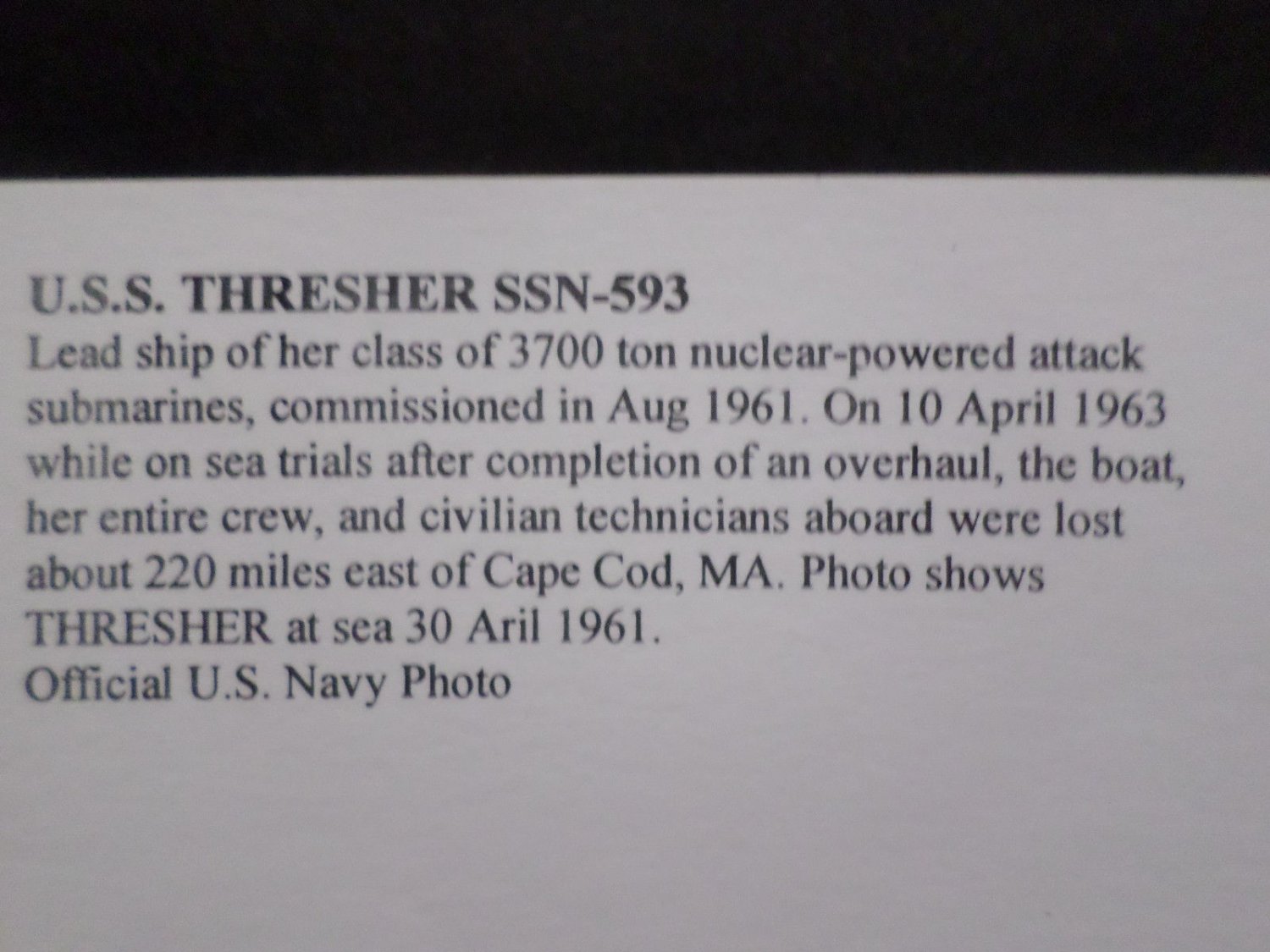U.S.S. Thresher SSN-593 Submarine Real Photo Postcard Official U.S ...