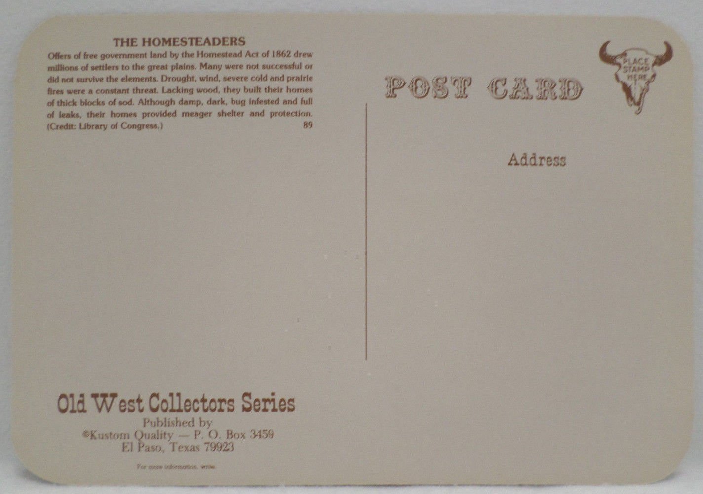 Postcard Old west Collector Series The Homesteaders USA Unposted Divided