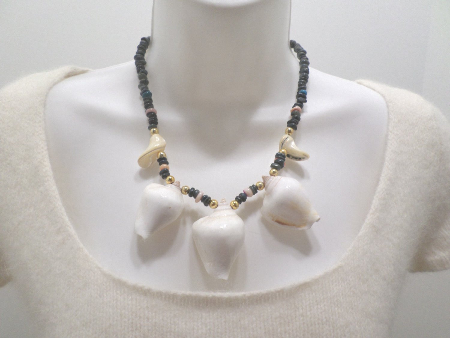 Necklace Natural Seashell with Black Puka Shells Surfer Beach Jewelry 19"