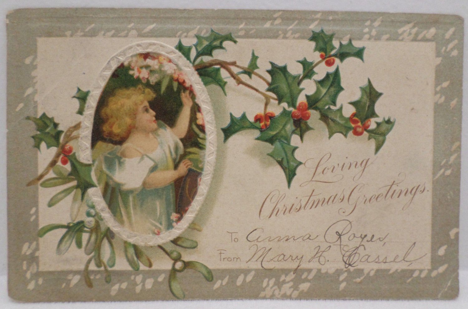 Antique Christmas Postcard Little Girl and Holly Posted Undivided