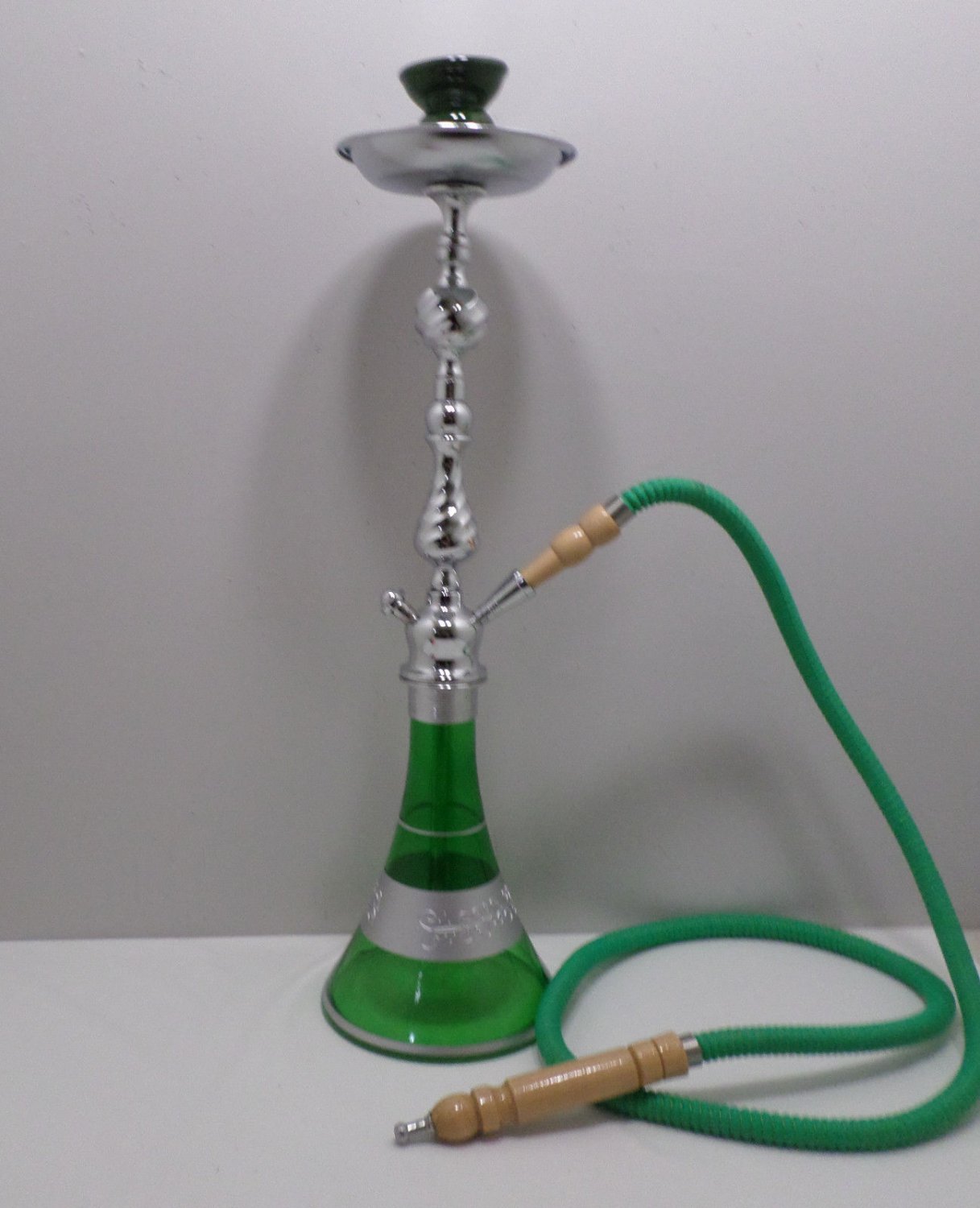 23" Tall Hookah One Hose Green Glass with Silver Design