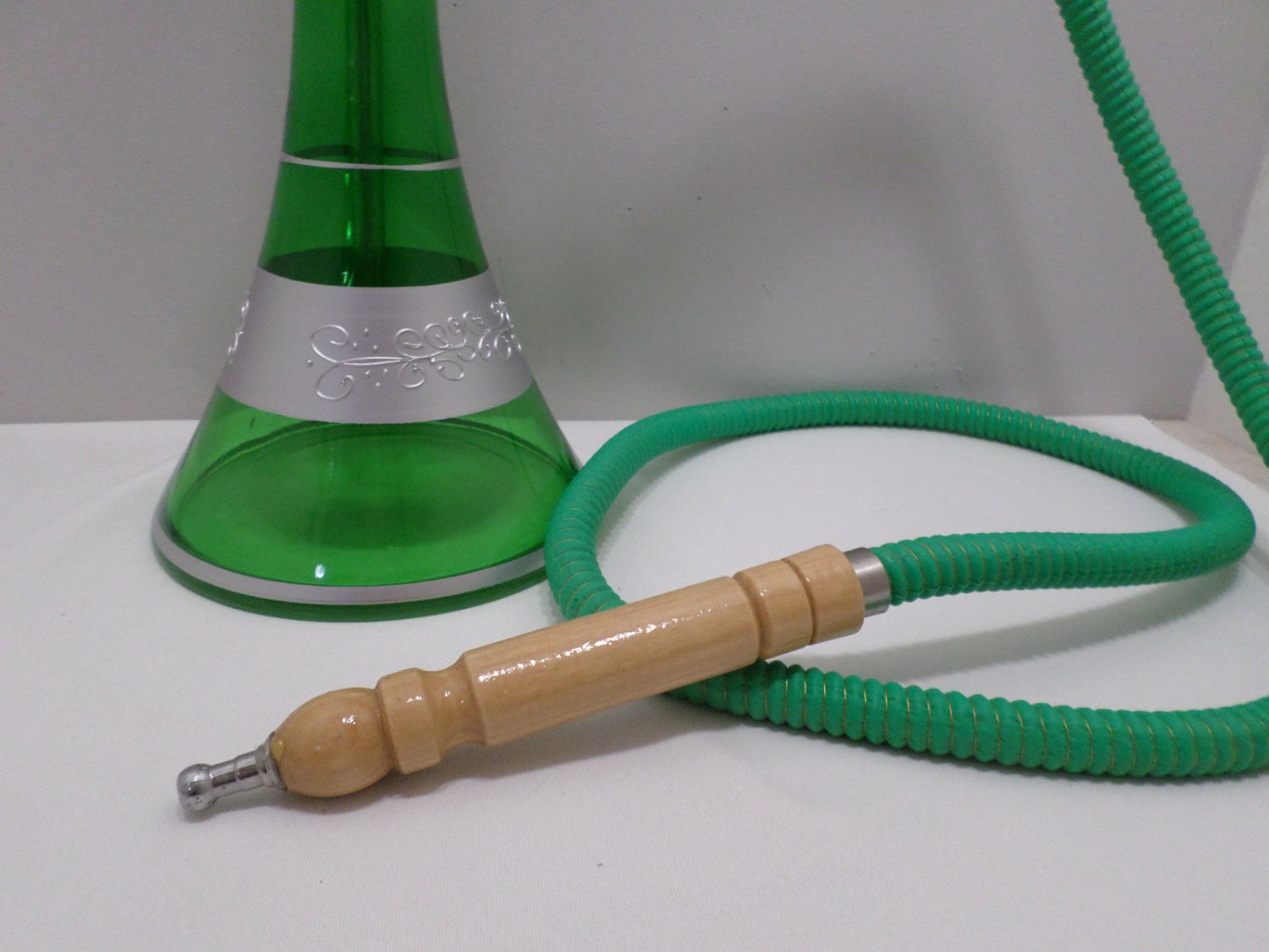 23" Tall Hookah One Hose Green Glass with Silver Design