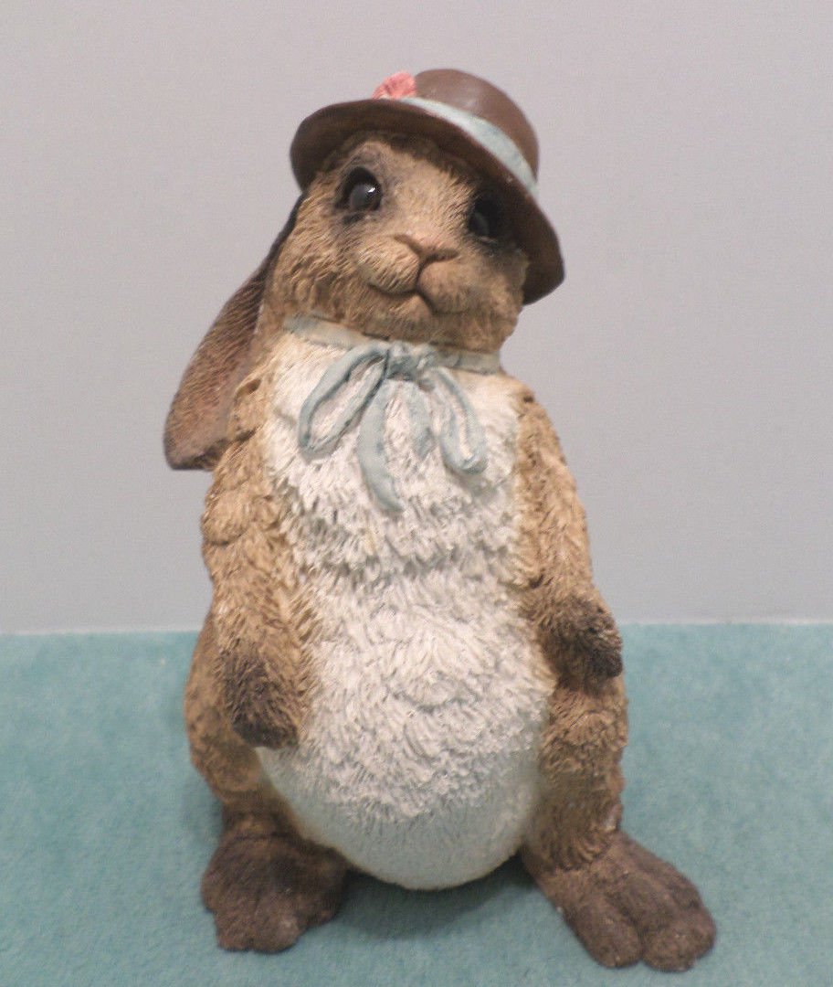 Humanized Rabbit Figurine Brown and White Female Wearing Hat, made of Resin