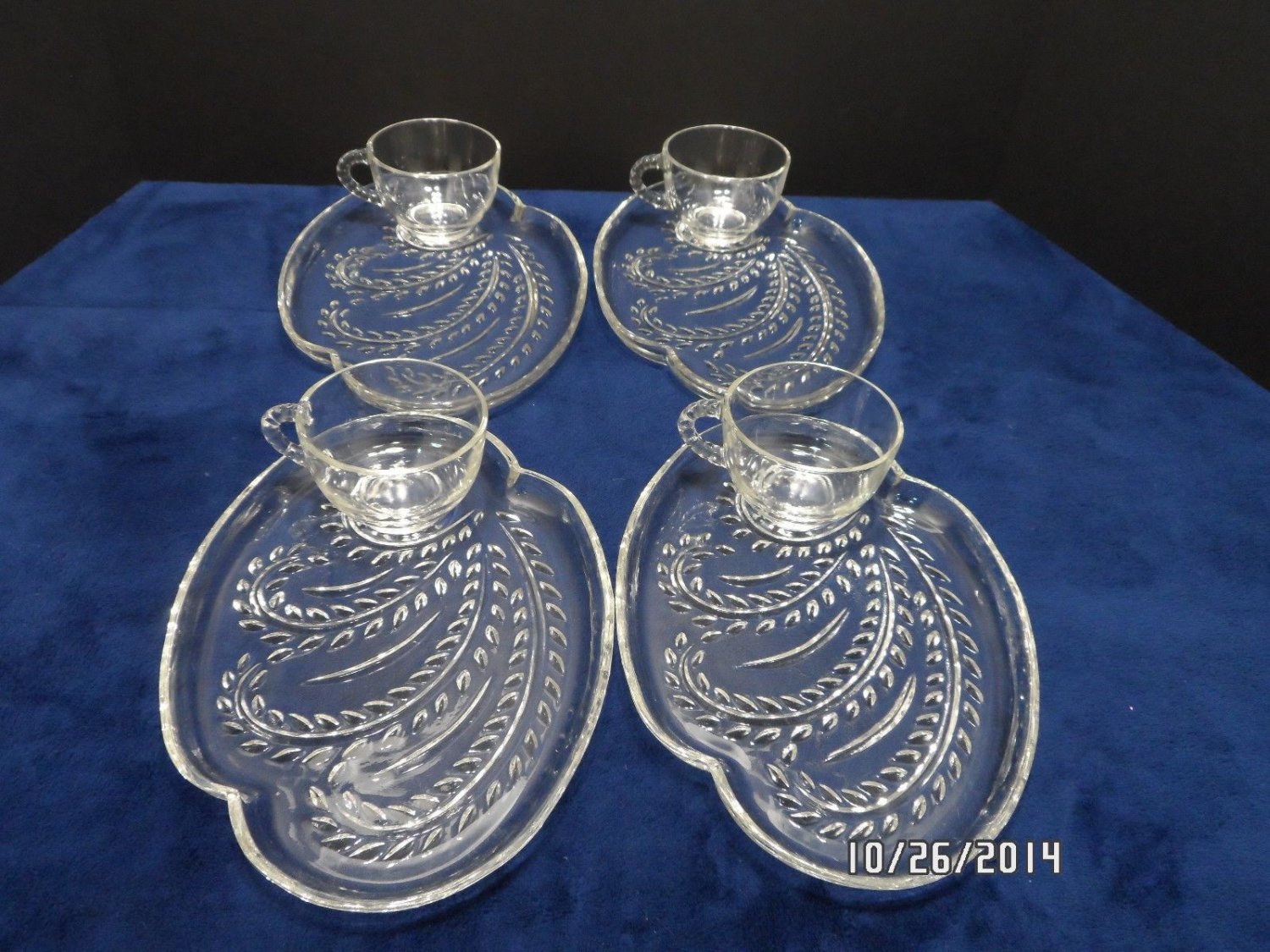 Federal Glass clear glass Snack Trays with Cups Wheat Pattern Set of 4 ...