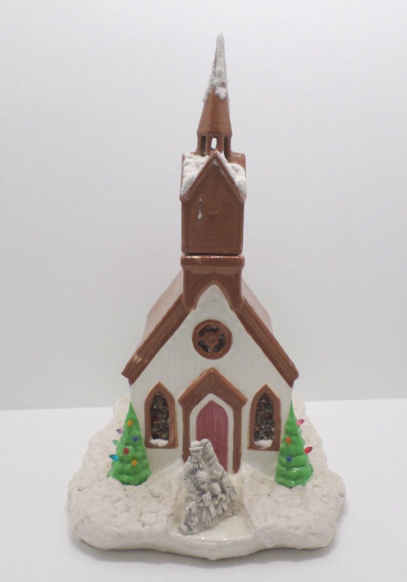 Christmas Village Large Ceramic Church with Stained Glass Effect Windows