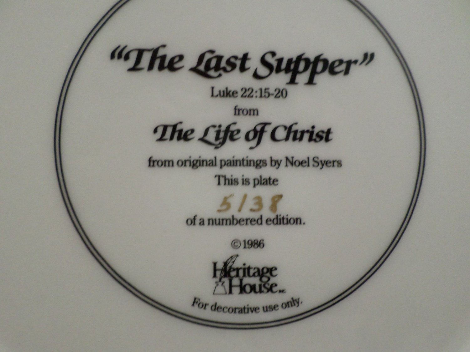 1986 Collector Plate The Last Supper by Noel Syers #5138 Heritage House
