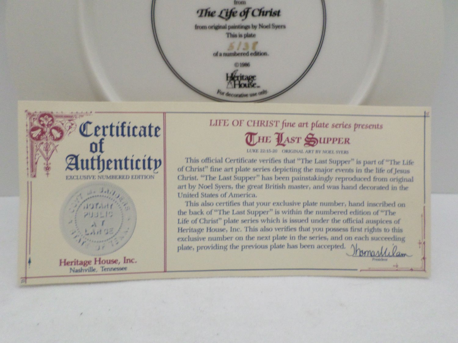 1986 Collector Plate The Last Supper by Noel Syers #5138 Heritage House