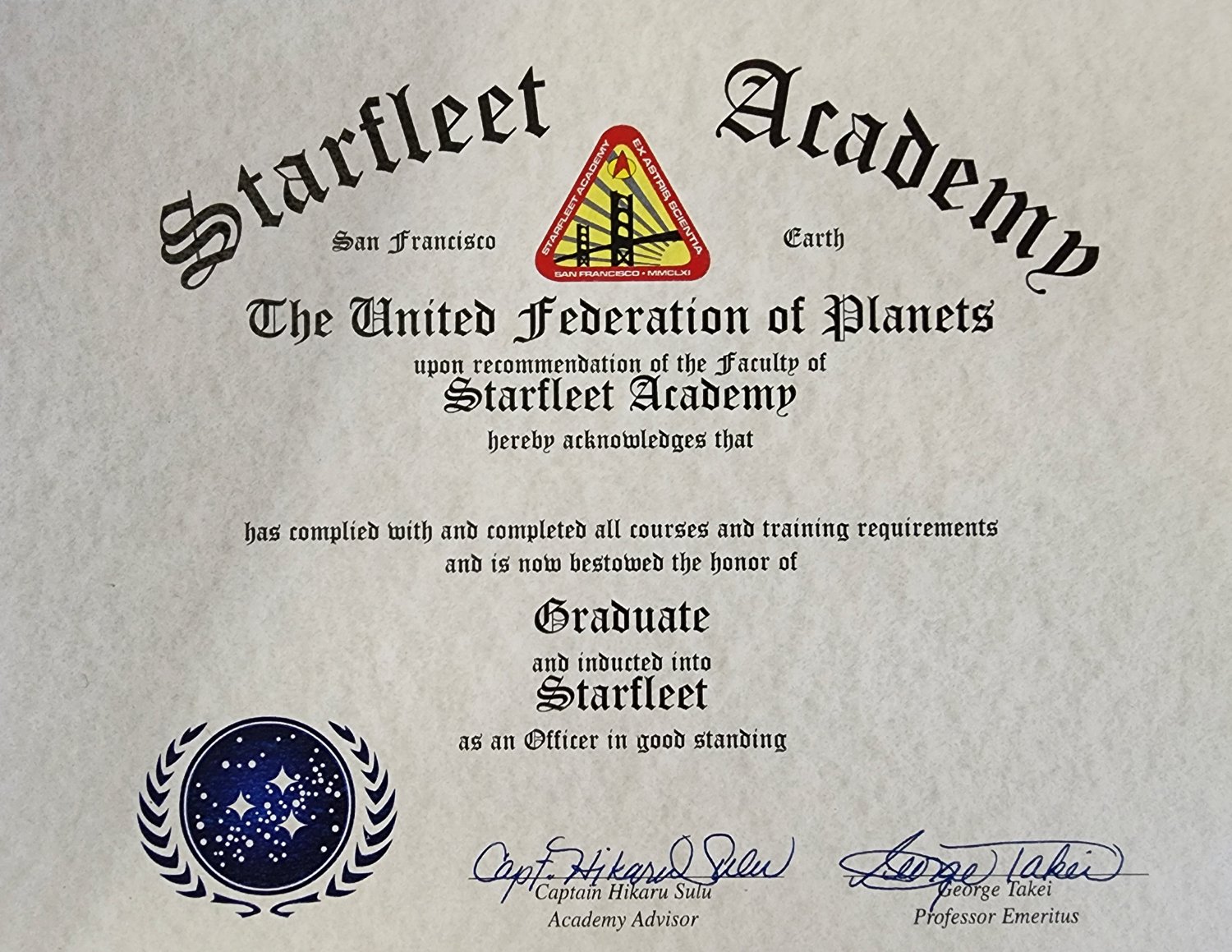 Personalized Deluxe Starfleet Academy Diploma Signed by Captain Hikaru ...