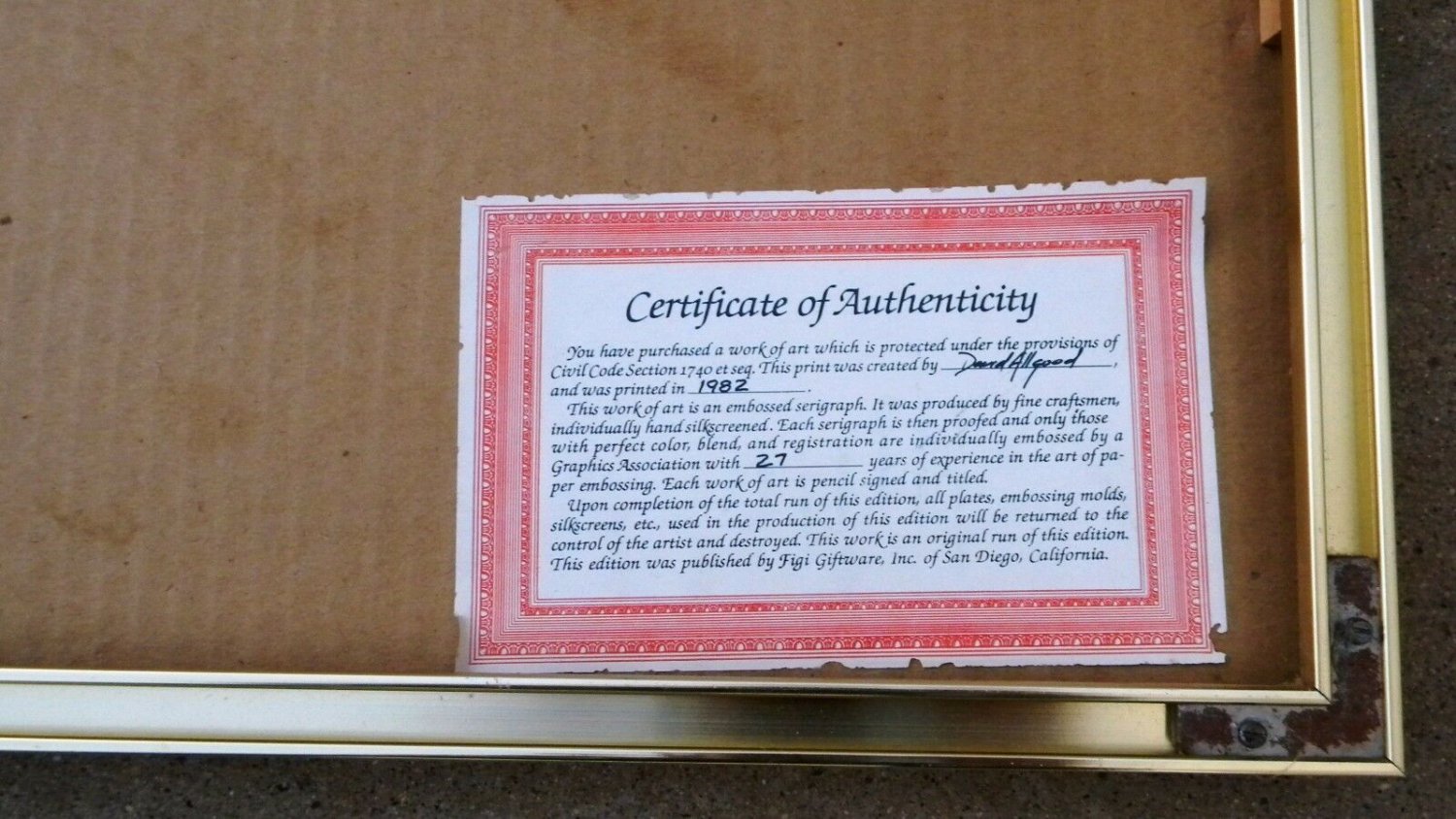 Vintage David Allgood Embossed Serigraph Conch Art Signed COA Framed 1982