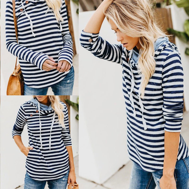 Women's Hoodies Strip Hoodie Frenchterry Sweatshirts Pullover Hooded Tops