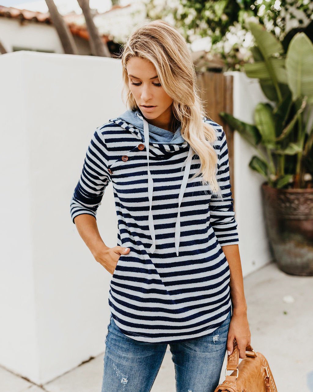 Women's Hoodies Strip Hoodie Frenchterry Sweatshirts Pullover Hooded Tops