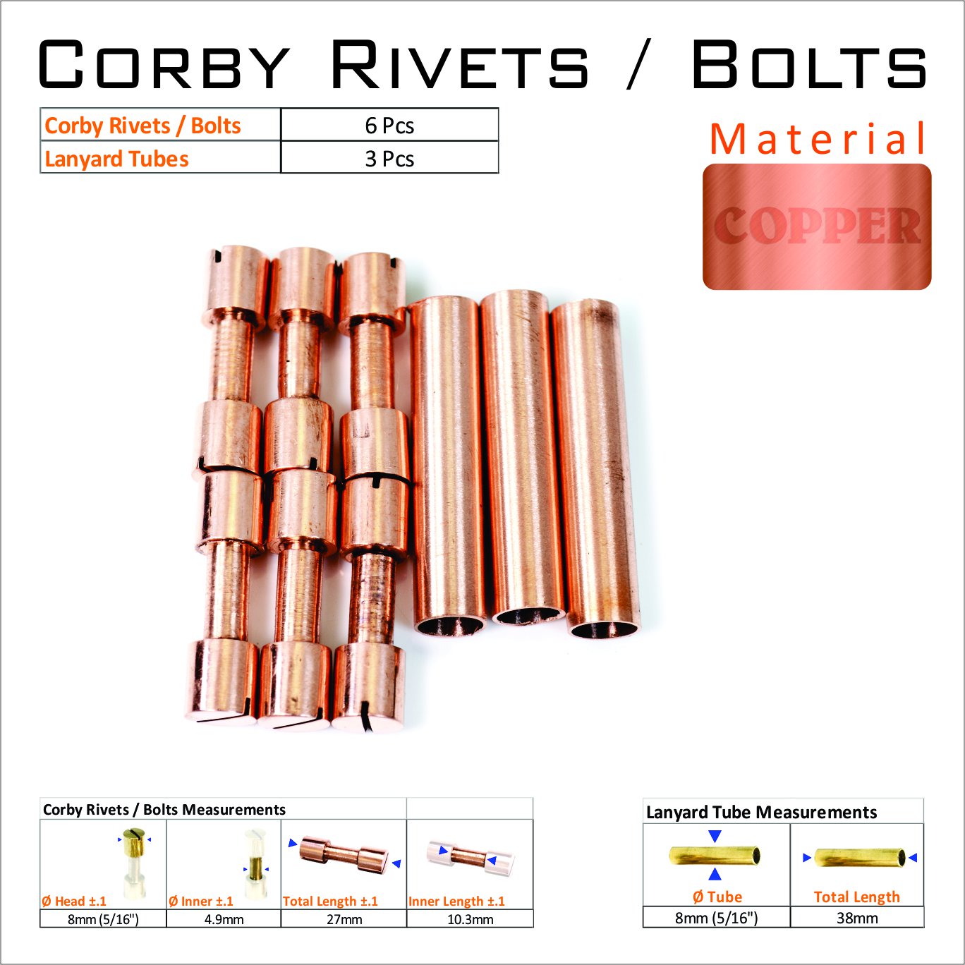 6 Copper Corby Rivets 3 Copper lanyard Tubes For Knifemaking Supplies ...
