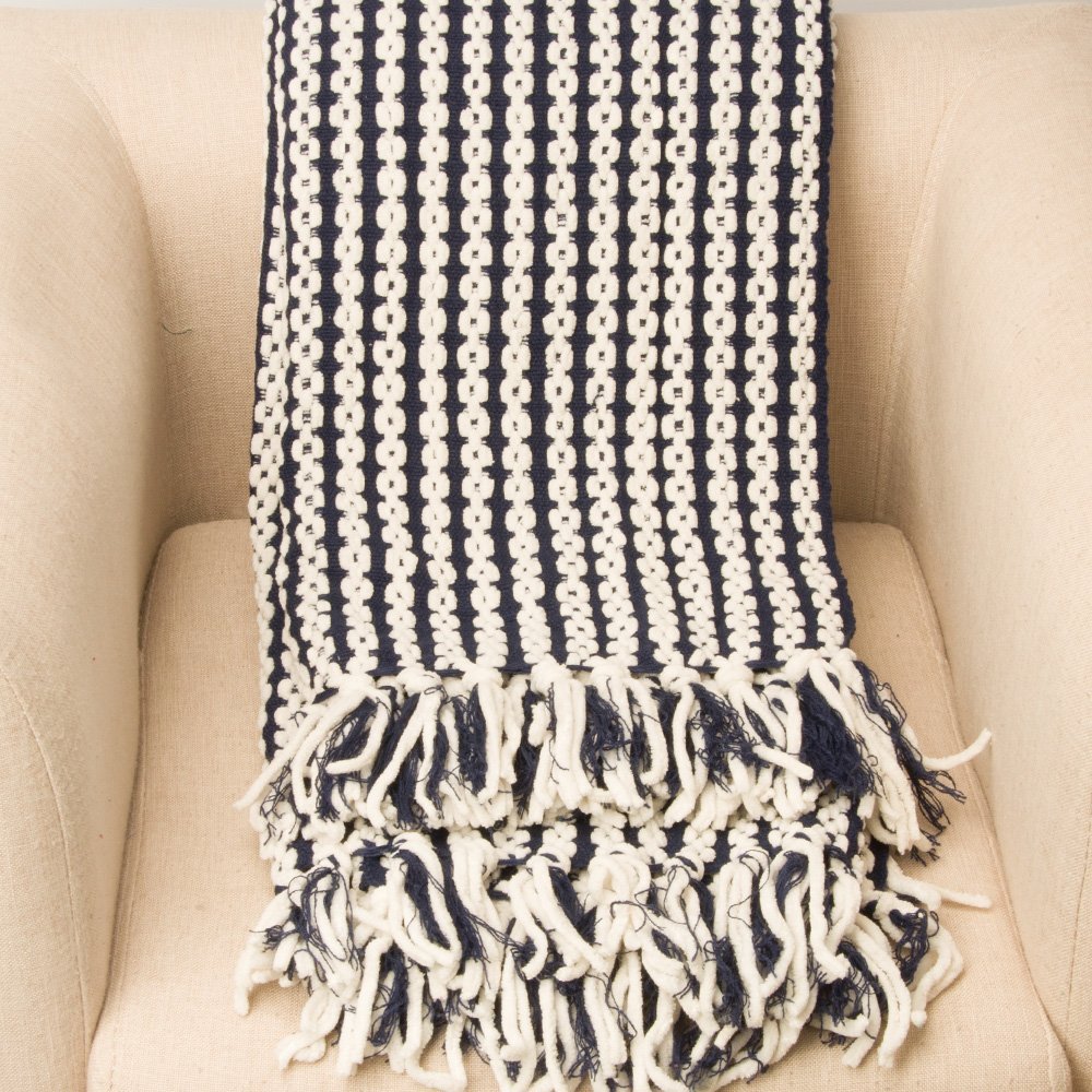 Battilo Navy and White Chain Link and cable Knit Fashion Throw Blanket ...