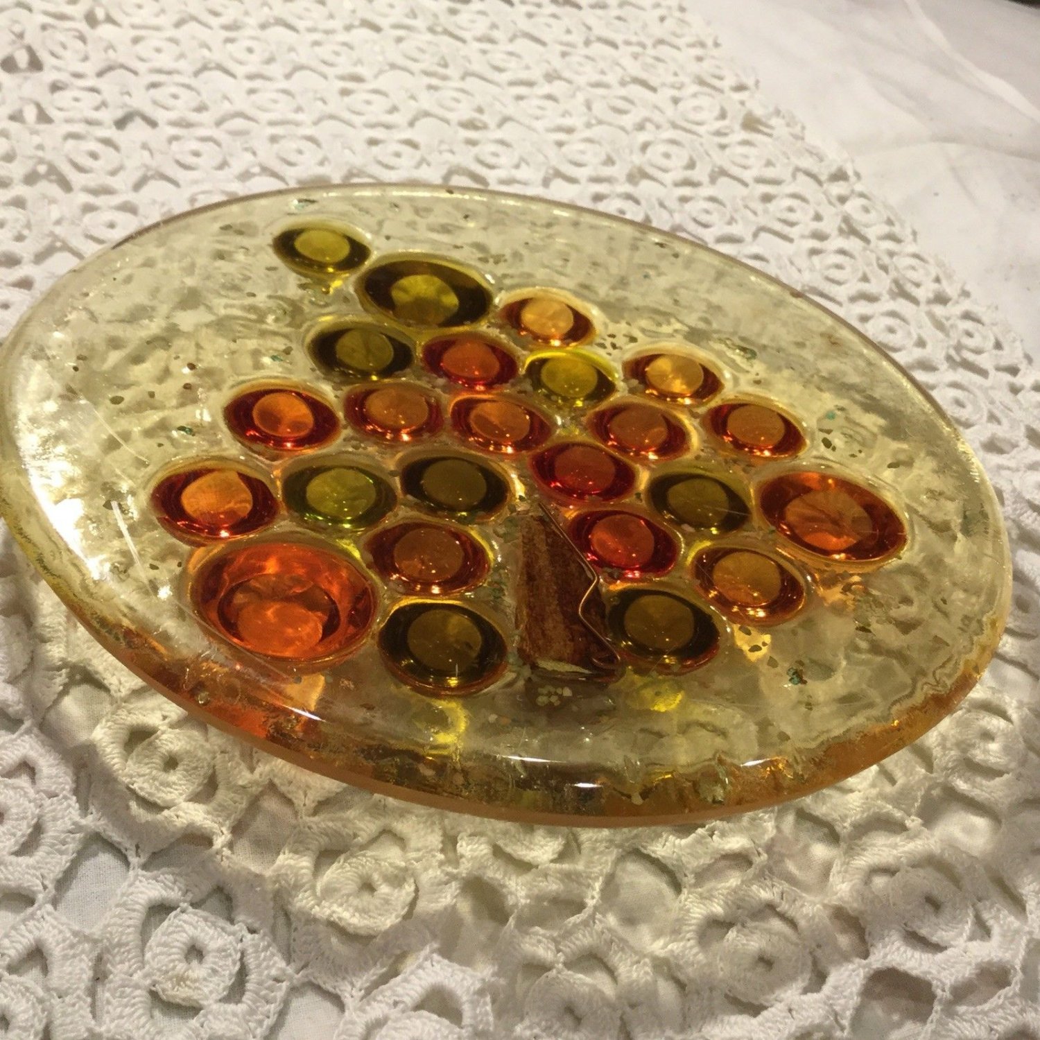 Vtg Acrylic Grapes Trivet Handmade MCM Kitsch orange green gold 8-1/2”