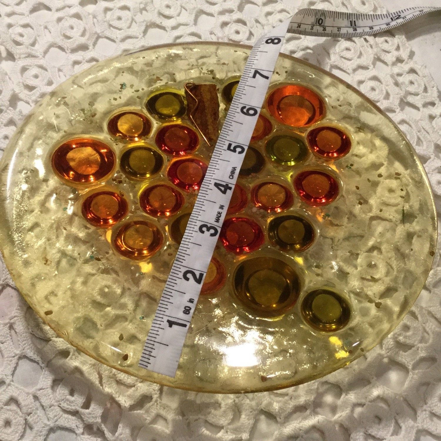 Vtg Acrylic Grapes Trivet Handmade MCM Kitsch orange green gold 8-1/2”