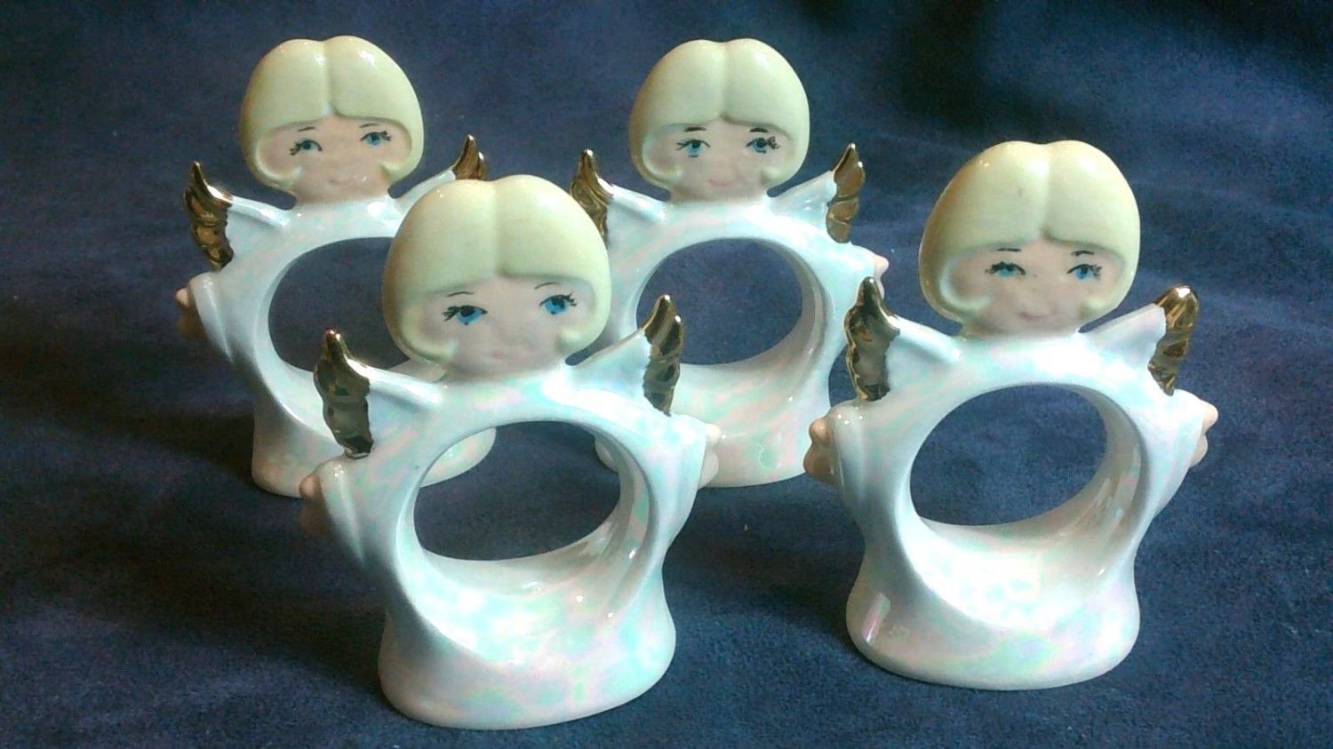 Vtg Handpainted Cherub Bob Angel 4 Ceramic Napkin Rings Gold Wings ...