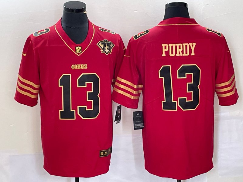 Men's San Francisco 49ers #13 Brock Purdy Red 75th Patch Gold Edition ...