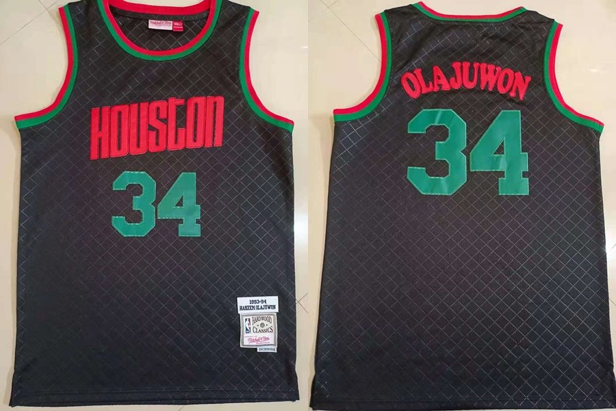 Men's Rockets #34 Hakeem Olajuwon Black Jersey Lattice Checked Plaid