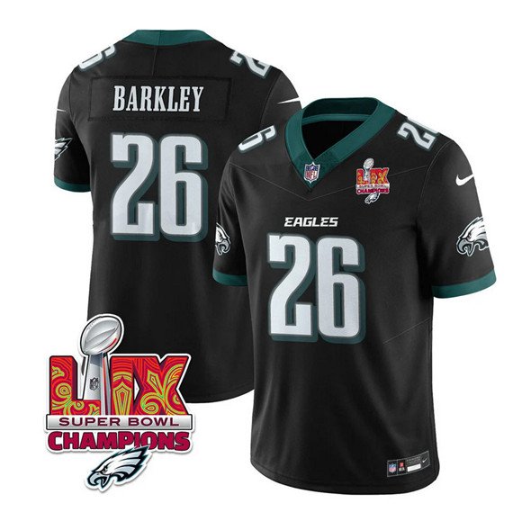 Men's Philadelphia Eagles #26 Saquon Barkley Black 2025 Eagles Logo Super Bowl LIX Patch Jersey