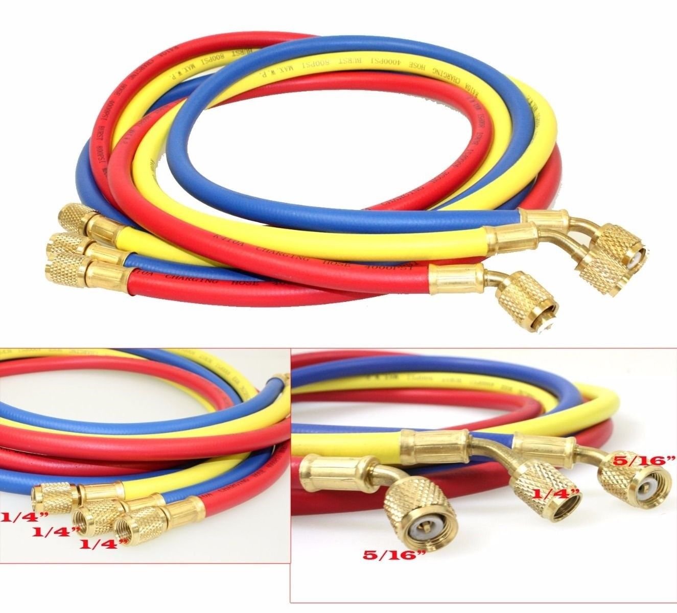 3pc 60" HVAC 1/4", 5/16" SAE 800 PSI Charging Hoses HVAC 4 R410a Mini ...