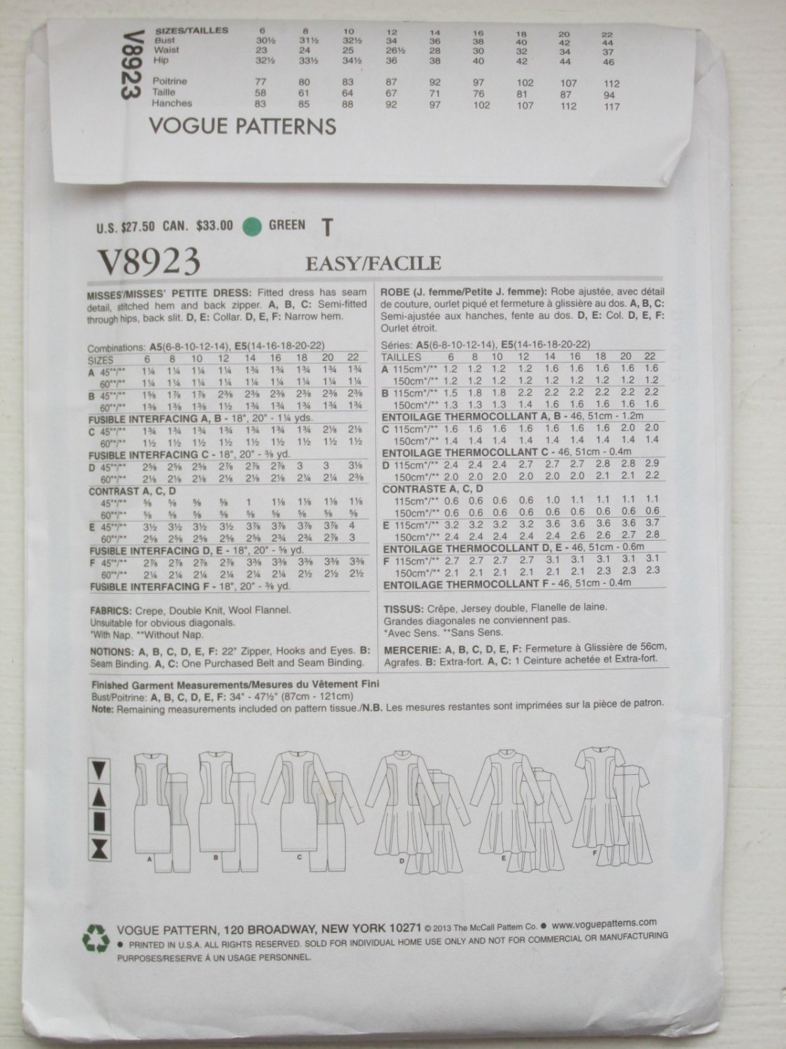 Vogue V8923 Misses' Fitted Dress UNCUT Sewing Pattern Sizes 14 - 22 ...